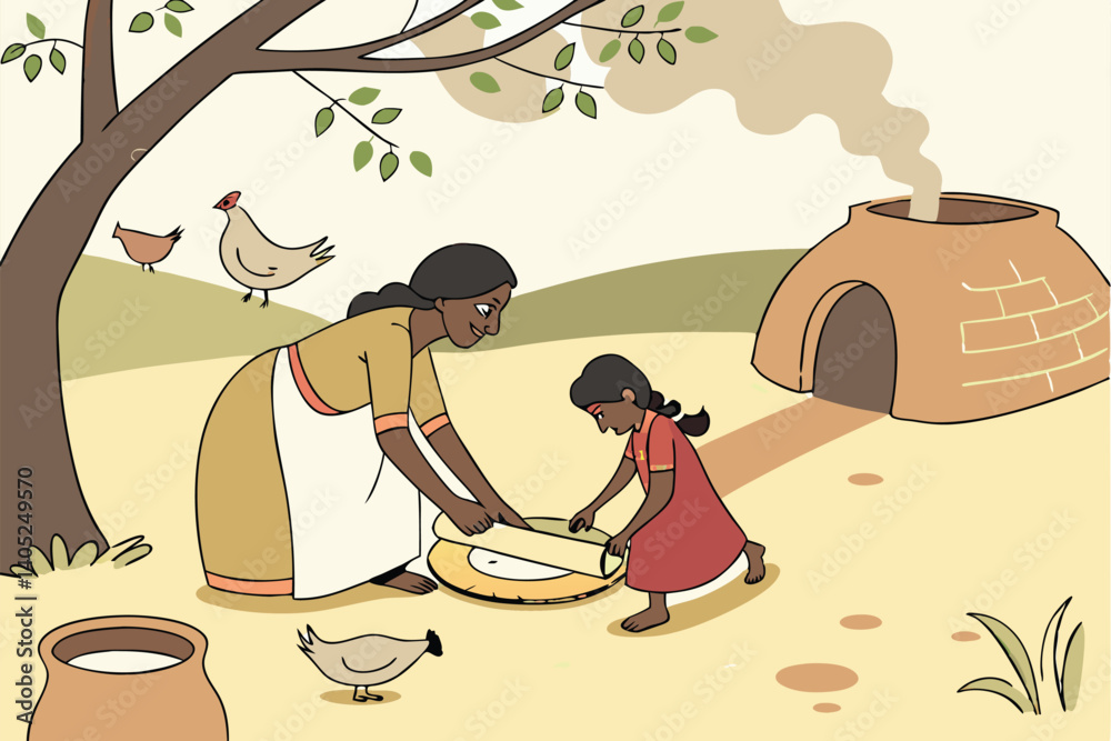 52 A rural South Asian mother and her young daughter making roti ...