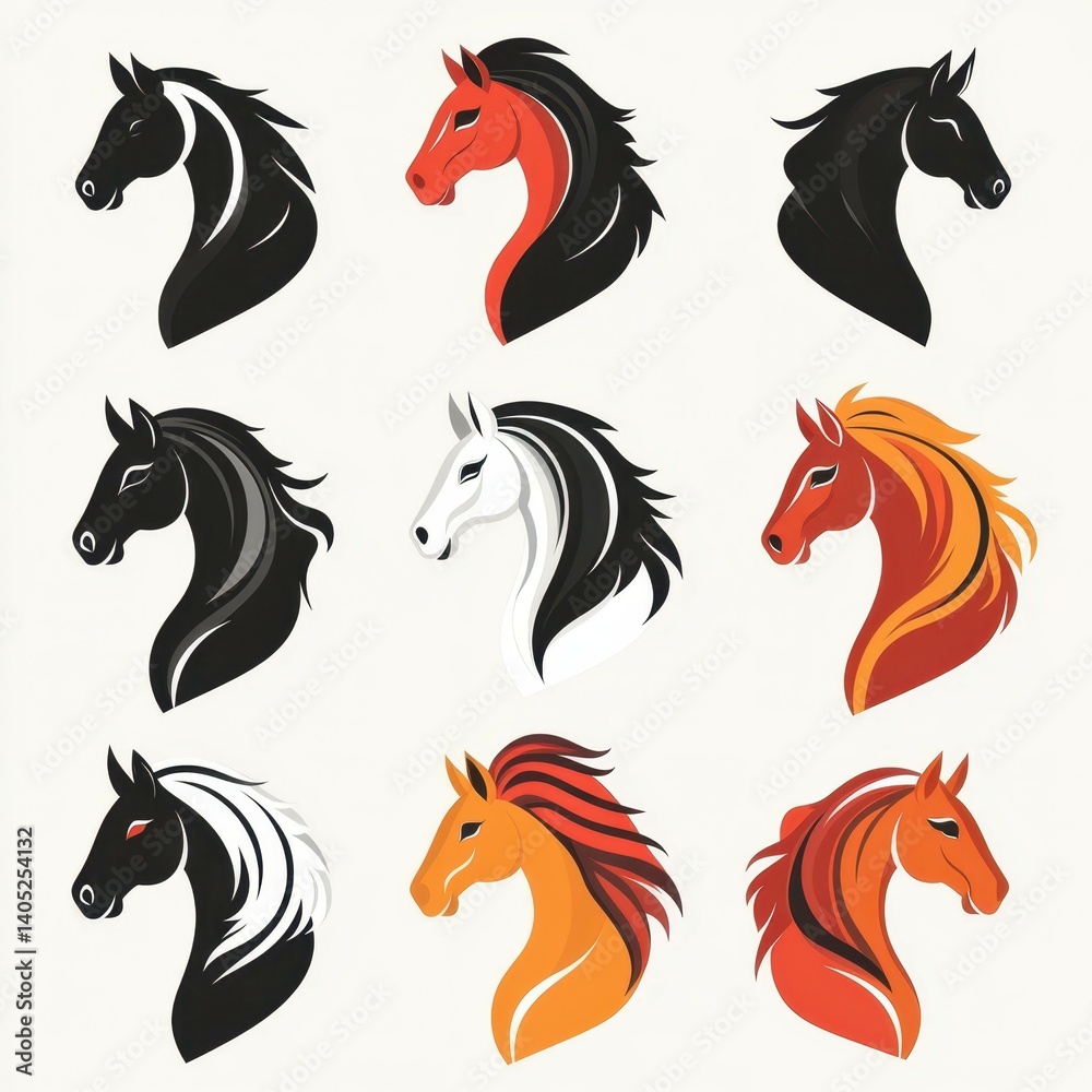 Collection of stylized horse heads in various colors and designs ...
