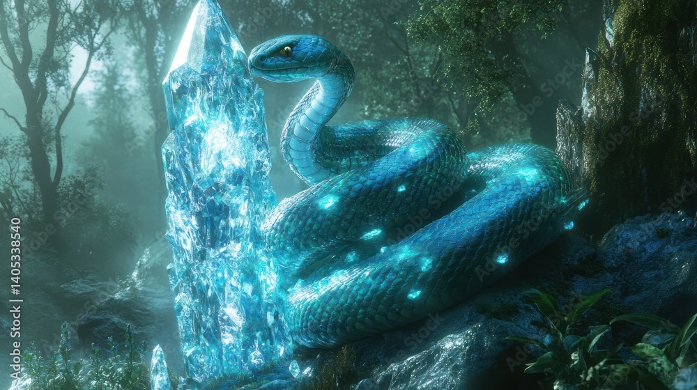 Mystical blue snake guards crystal, forest background, fantasy art ...
