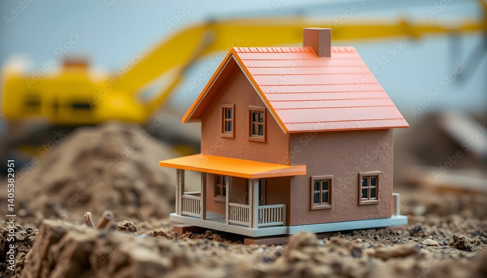 Small scale model house, brown siding, orange roof, construction site ...