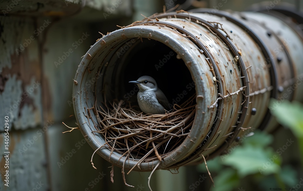 Bird's nest built inside an abandoned exhaust pipe, old and rustic ...