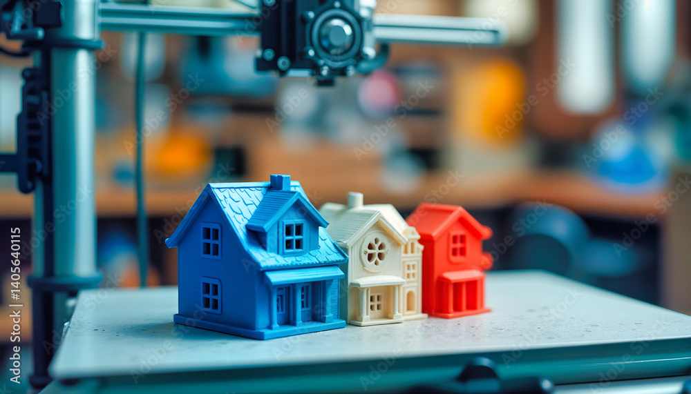 Miniature 3dprinted houses in blue, white, and red on a buildplate ...