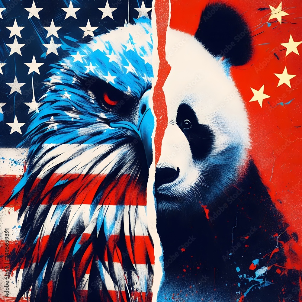 Stock-Illustration „Bald Eagle vs Panda on Torn National Flags ...