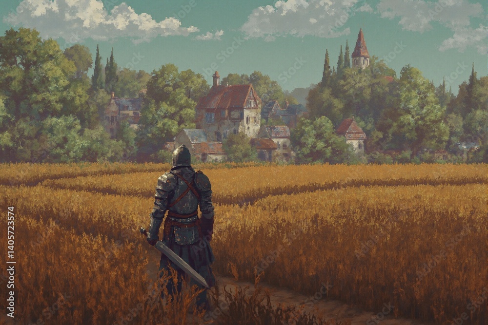 Pixel art of knight walking through wheat field,retro,fantasy,rpg Stock ...