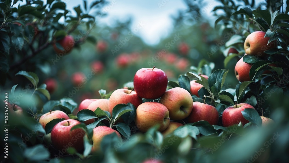 Fruit region harvesting period, organic apple tree plantation, mature ...