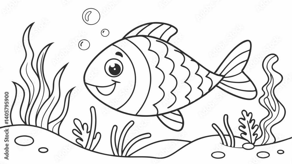 kids coloring page, a colorful fish swimming among seaweed, cartoonish ...