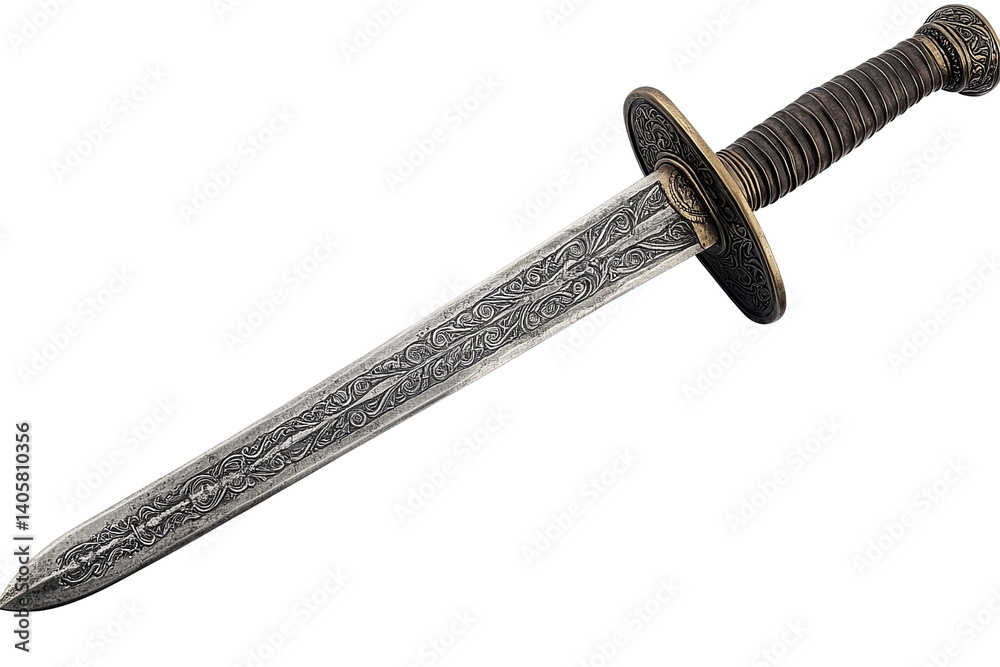 Ornate dagger with floral designs on the blade and a textured handle ...