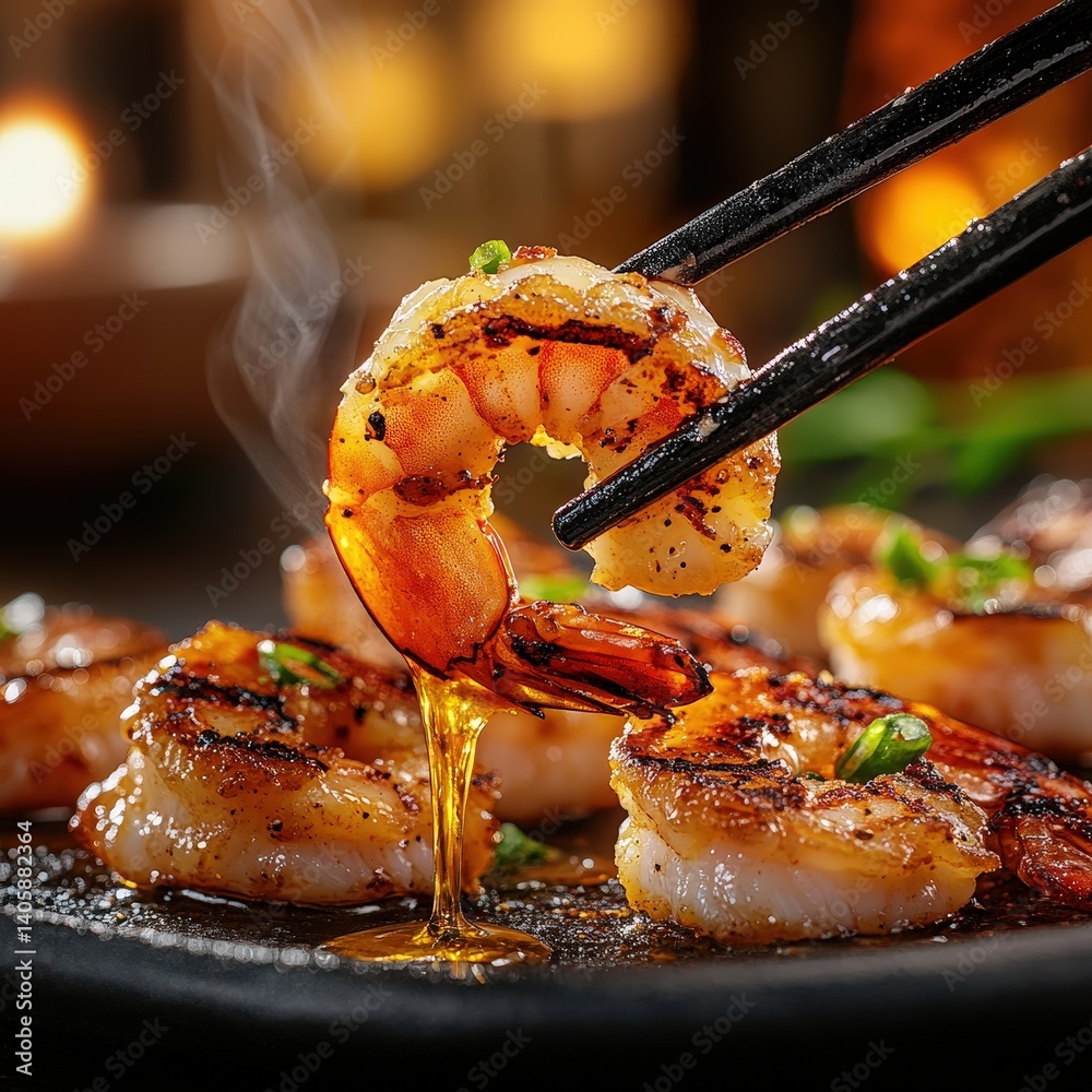 Chopsticks lifting grilled shrimp with dripping honey from skillet ...
