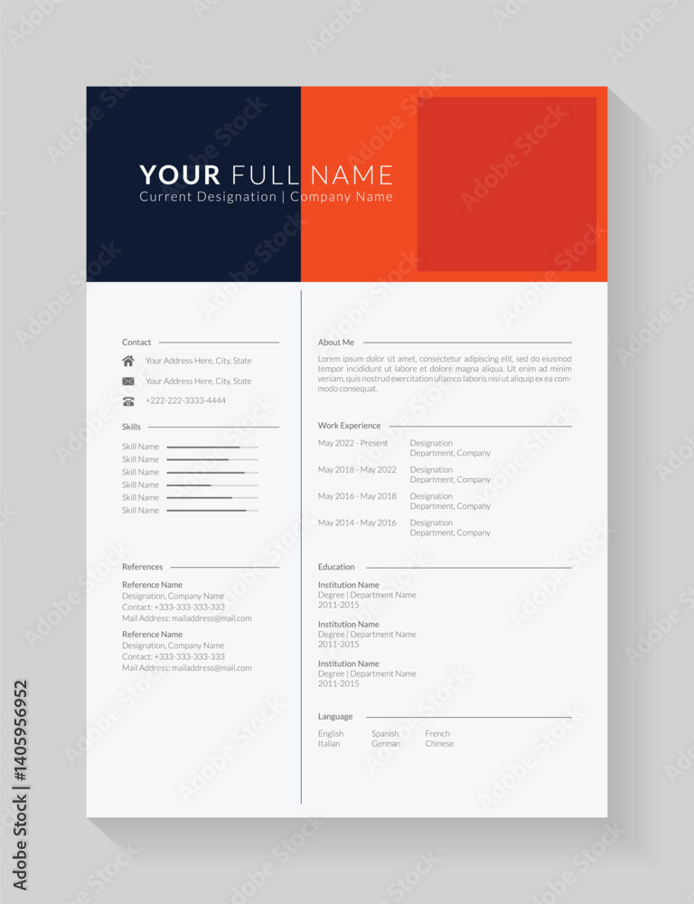 Clean and modern resume or cv template for job candidates. Minimalist ...