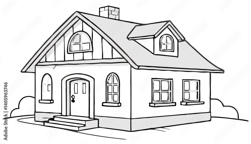 Black and white cartoon line drawing of a simple house with sloped roof ...