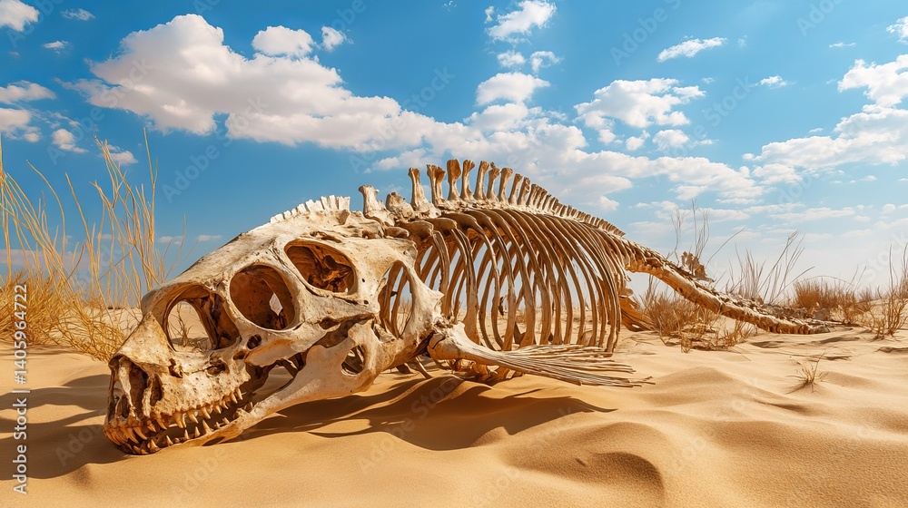 Skeleton of an animal lying in the desert sand under a bright blue sky ...