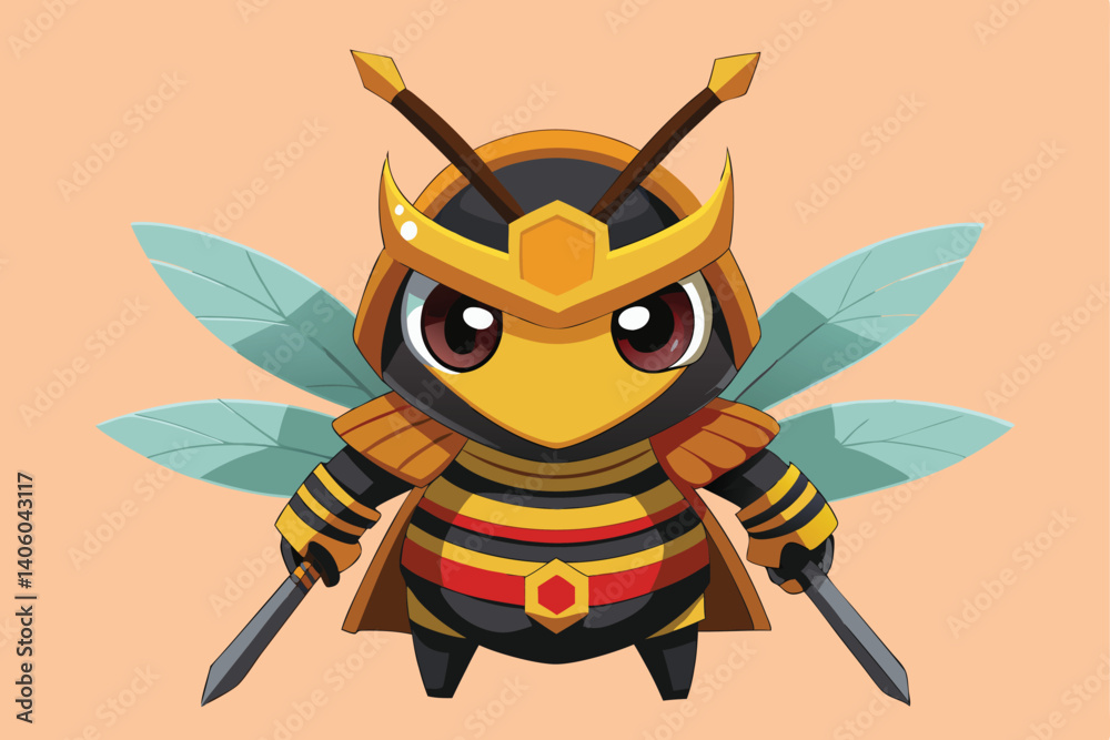 Cartoon bee wearing armor and holding two swords, with light blue wings ...