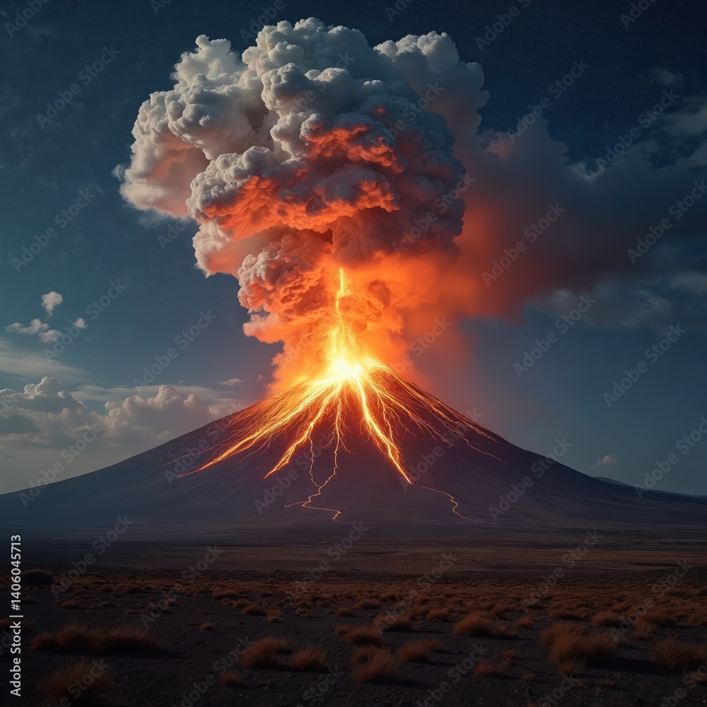 Erupting volcano at night with ash cloud and lightning strikes over ...