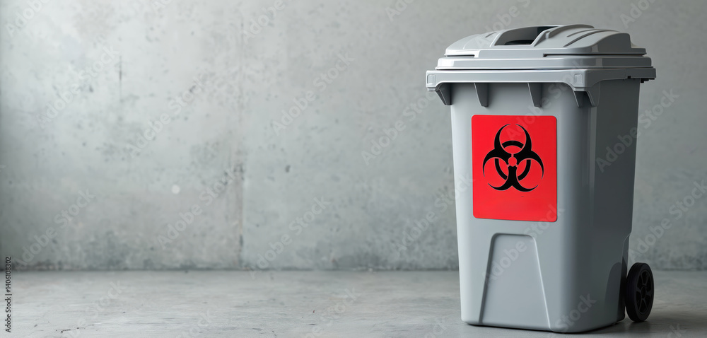 Rubbish bin with biohazard symbol on red label. Sign indicates ...