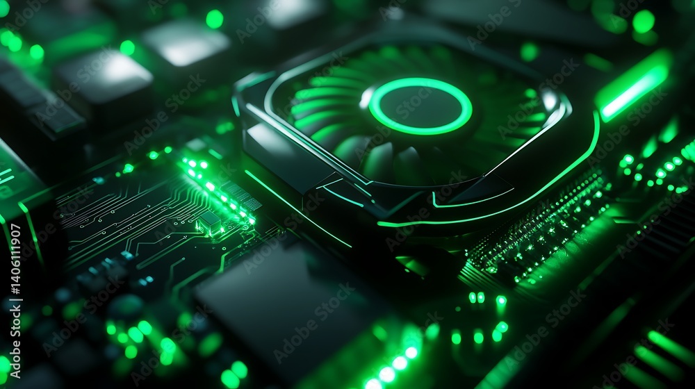 Illuminated green motherboard showcasing computer hardware components ...