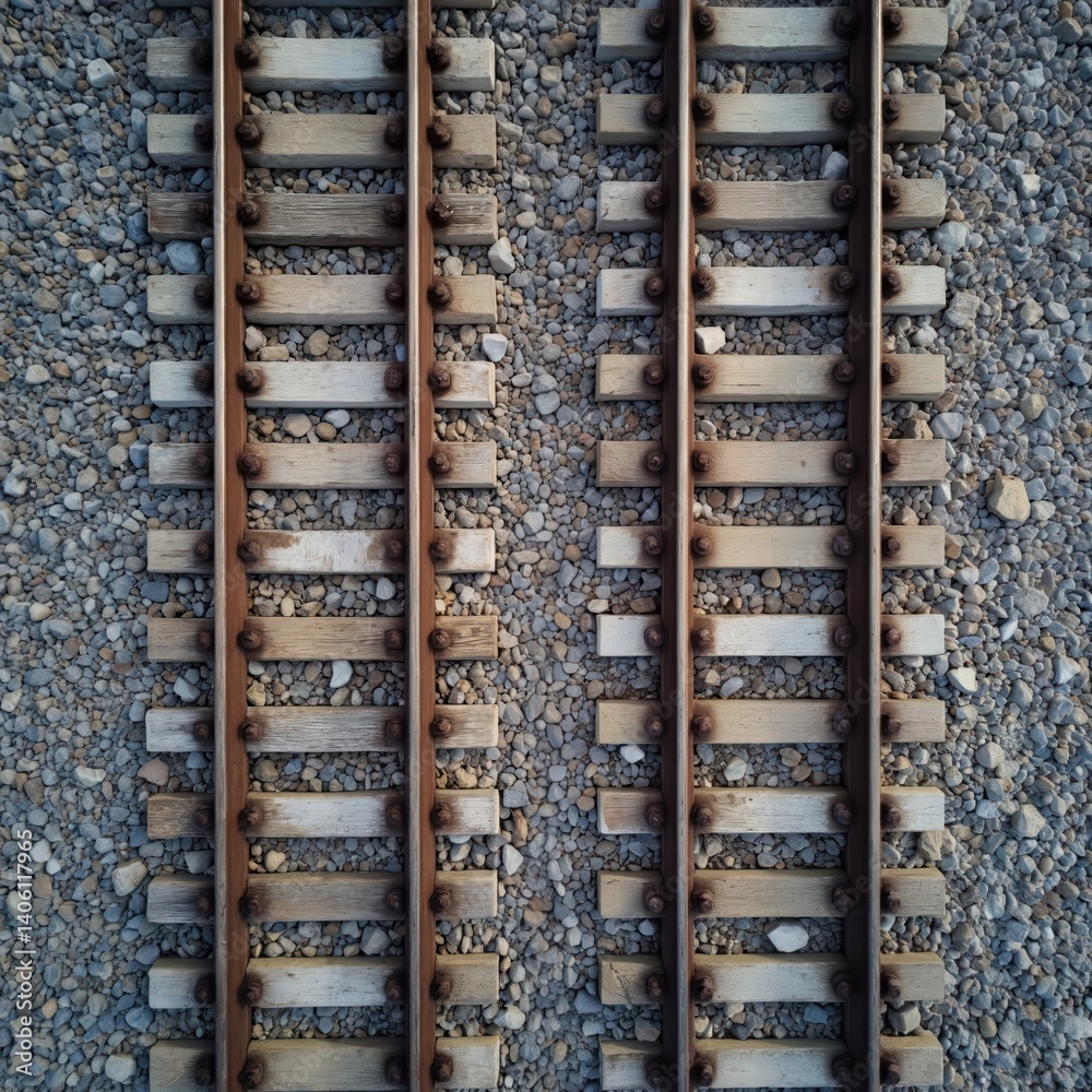 Top view two parallel railway tracks. Old wooden sleepers with new ...