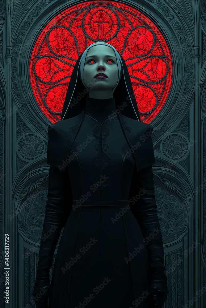 surreal horror portrait of a pale woman dressed as a nun in a high ...