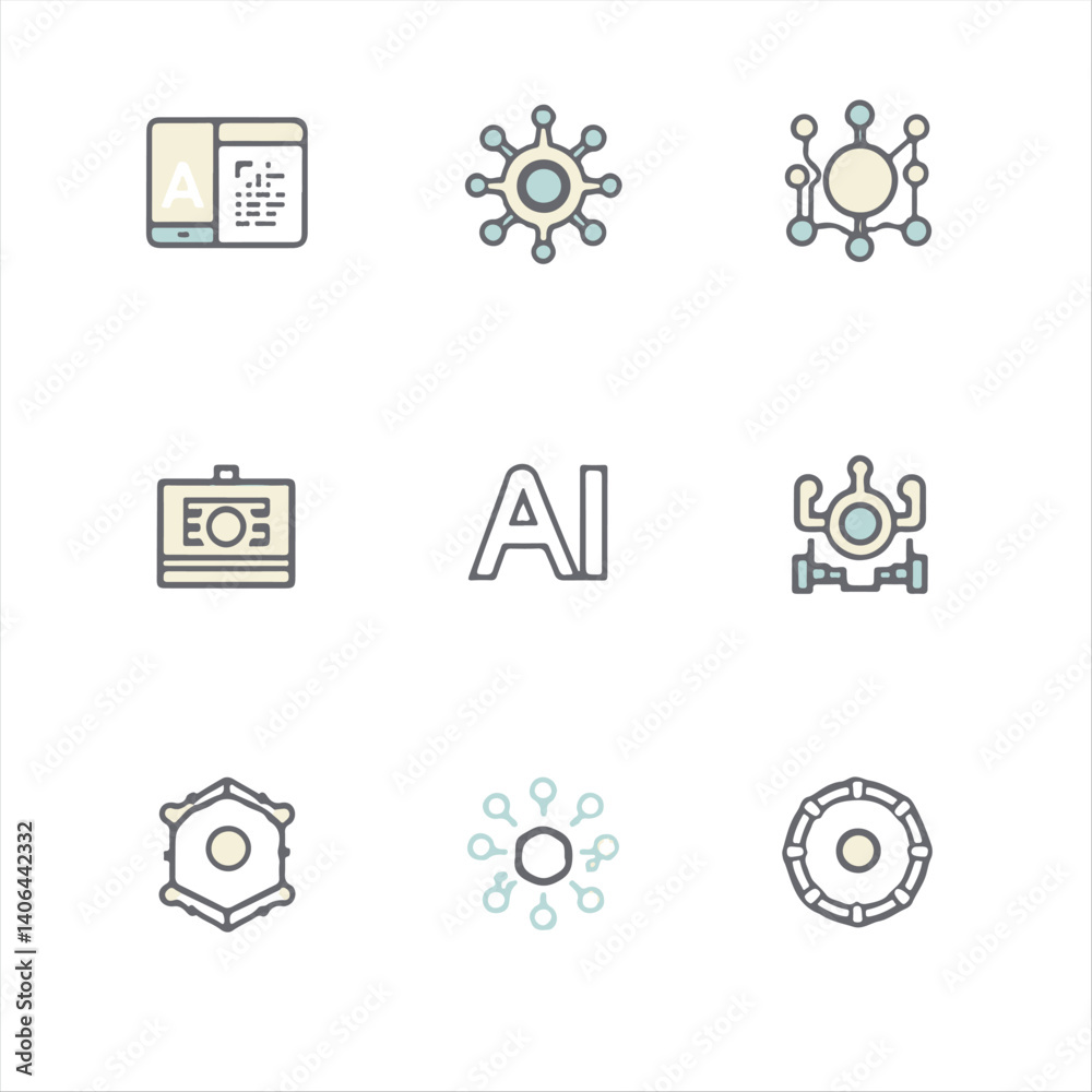 Vector de Stock Create a set of flat vector icons for AI and machine learning, including model ...
