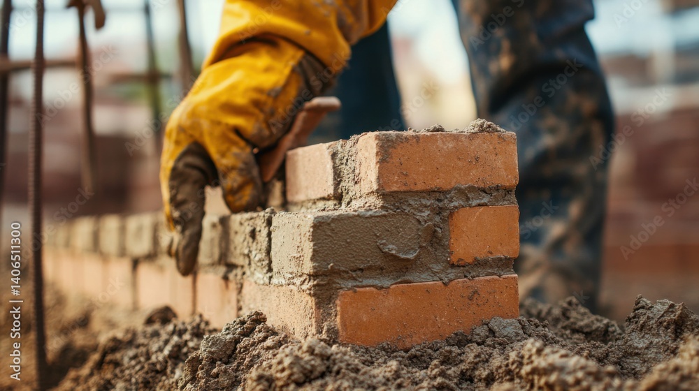 Brick mason laying foundation bricks for a residential building project ...