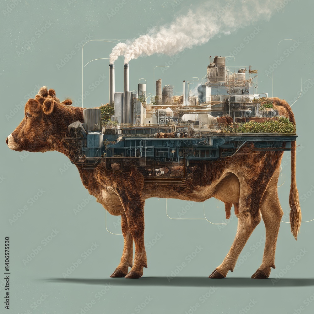 Illustration Stock Cow with factory on the back as metaphor of cow fart ...