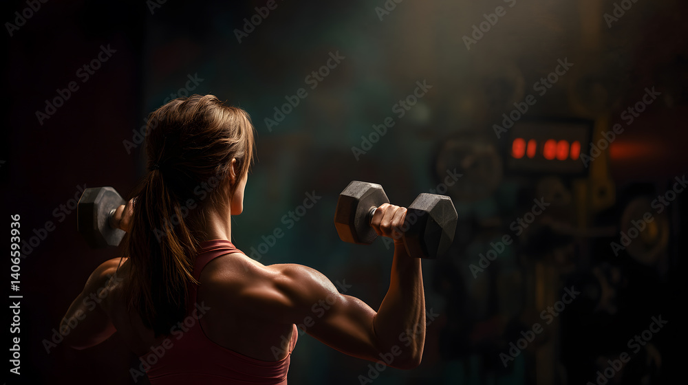 A side view captures the moment a female bodybuilder locks out a ...