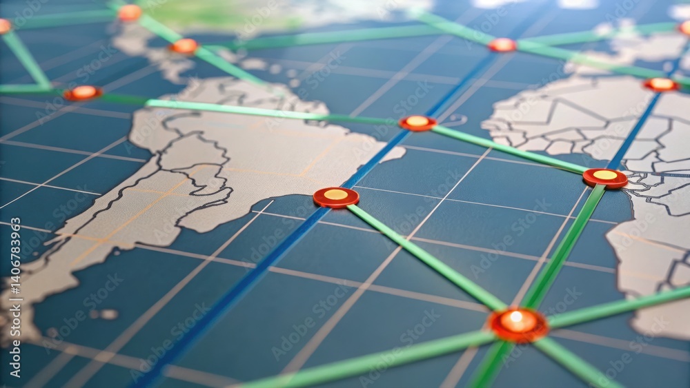 Animated freight route map displaying dynamic tariffs with pins ... Animated freight route map displaying dynamic tariffs with pins ...