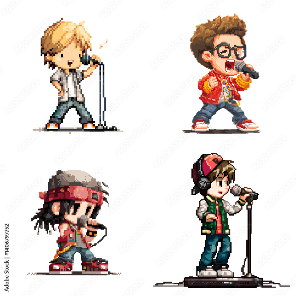 Vector de Stock Pixel art of four animated singers with microphones in ...