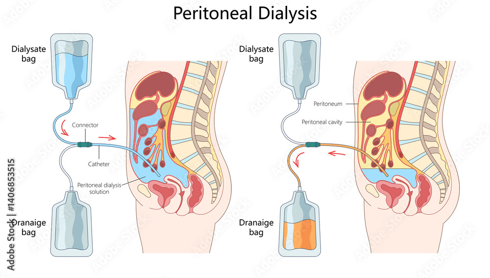 Ilustración de Stock how peritoneal dialysis works, including placement ...
