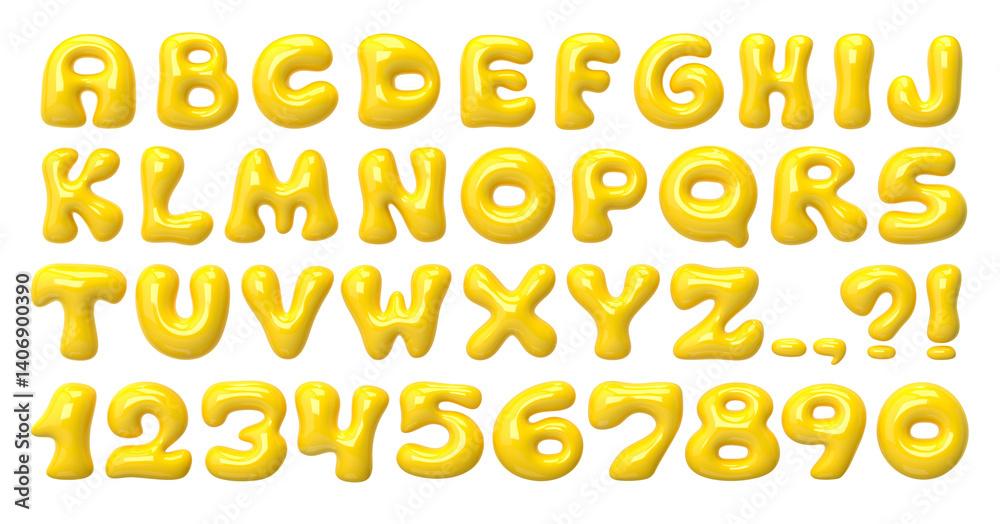 Bold bubble font. 3D yellow plastic typescript. Y2K alphabet. Groovy ...