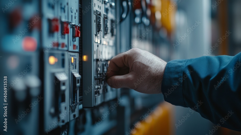 Electrician testing a circuit breaker in a control room. Featuring ...