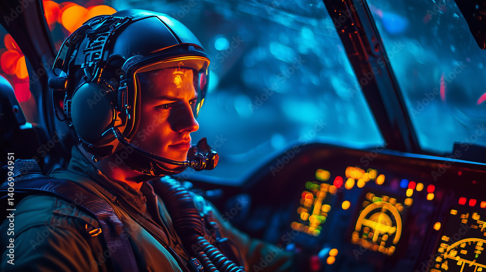Pilot in cockpit skillfully adjusting controls during nighttime flight ...