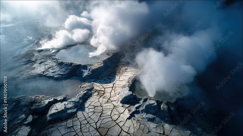Bird's eye view of volcanic hot springs with turbulent steam clouds ...