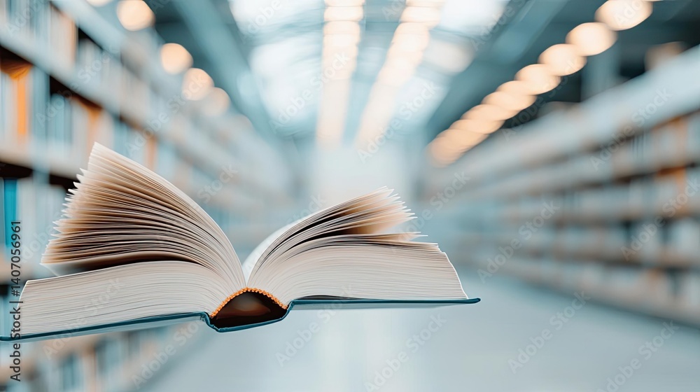 Books floating in the air with surrealism and float concept. An open book floating in a library ...