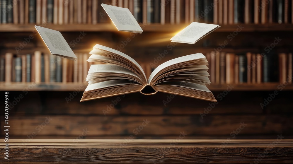 Books floating in the air with surrealism and float concept. A magical ...