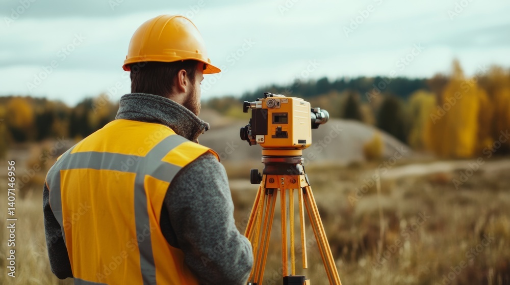 Surveyor using total station for land measurement. Featuring surveying ...