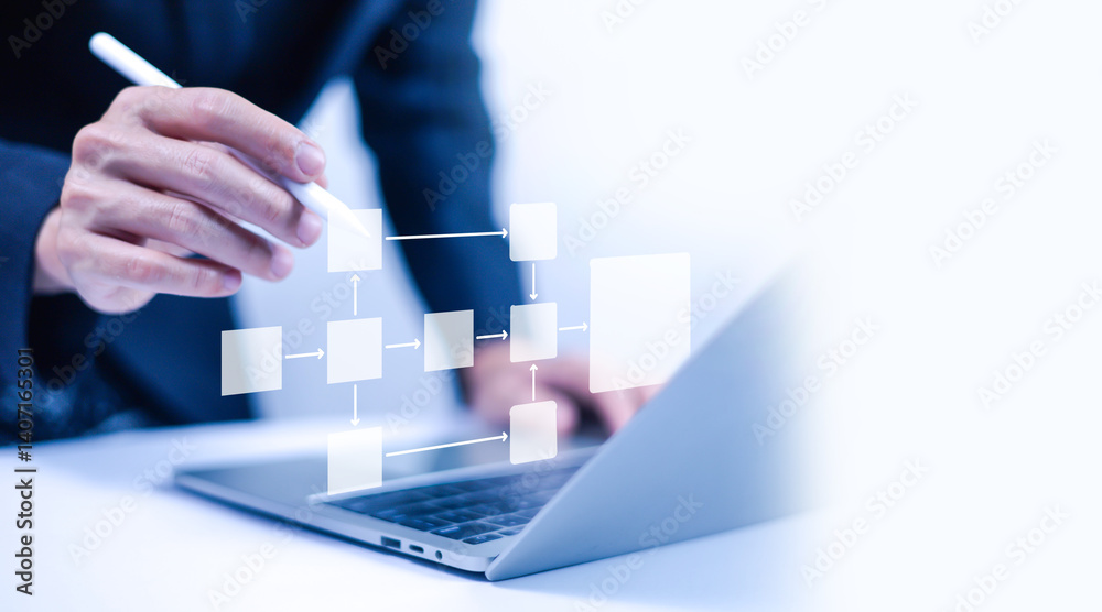 Стоковое фото «Business process diagram, white background. Automation workflow design concept ...