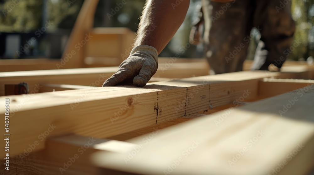Carpenter framing the structure of a new house. Featuring precision and ...
