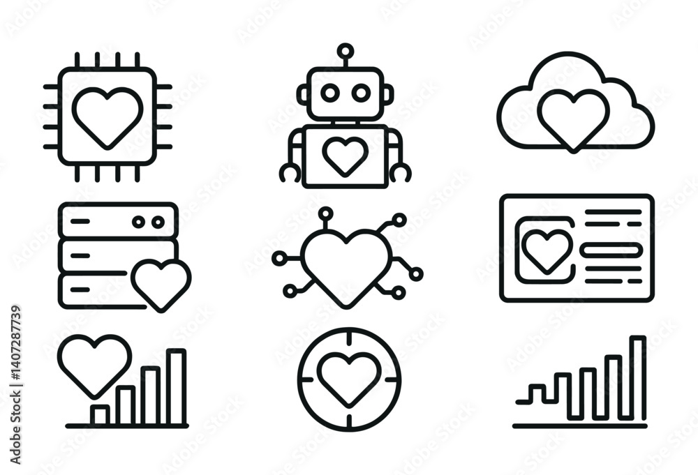outline vector icons of heart in technology: AI love icon, robot with ...