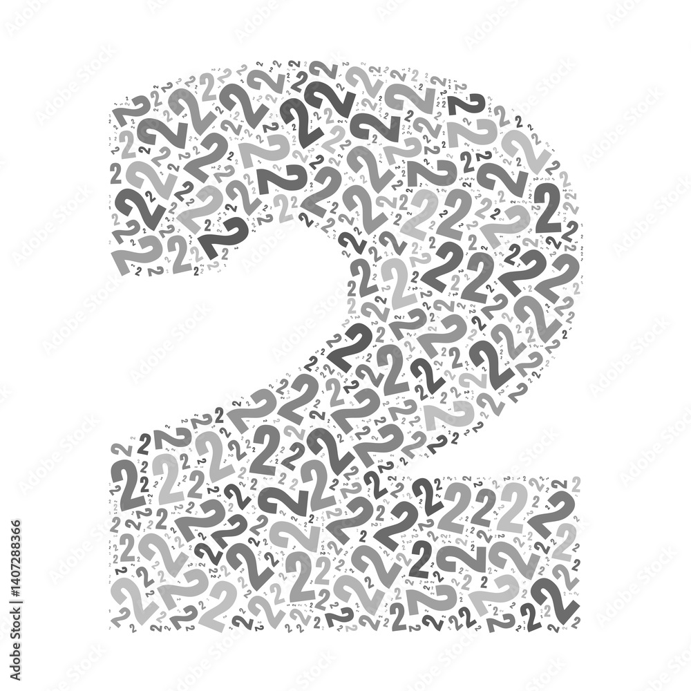 Grayscale word cloud forming the number 2, with repeated text in ...