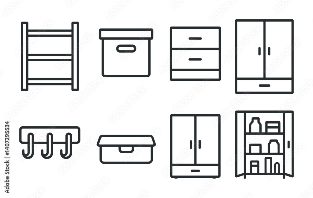 outline vector icons of storage solutions: shelf, box, drawer, cabinet ...