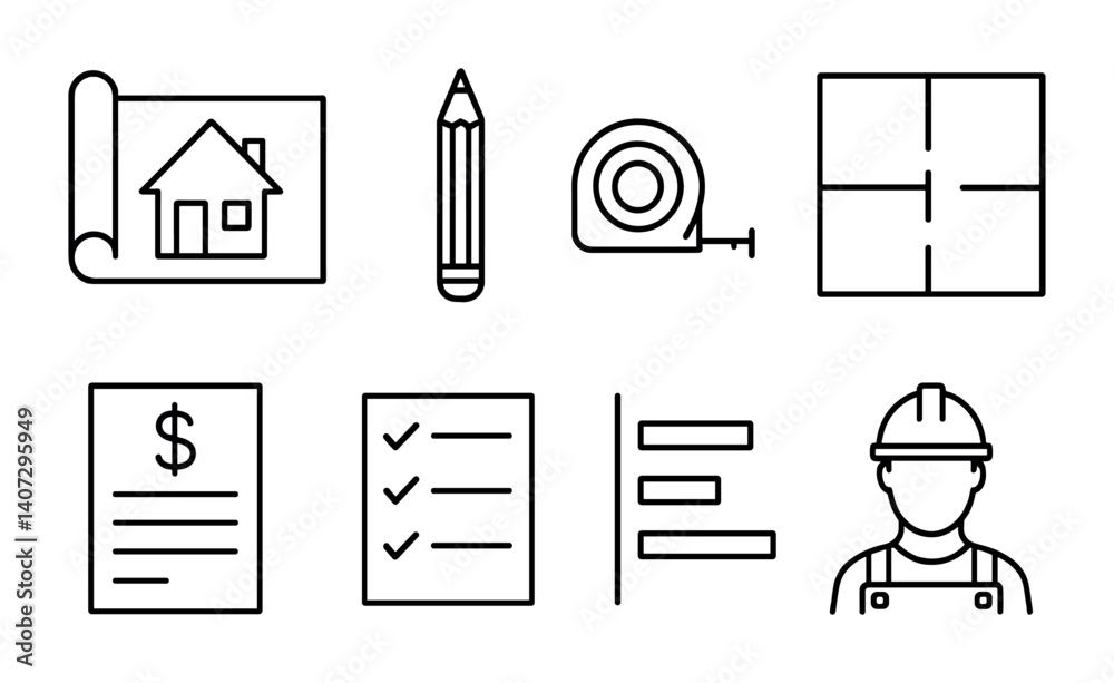 outline vector icons of home improvement planning: blueprint, pencil ...