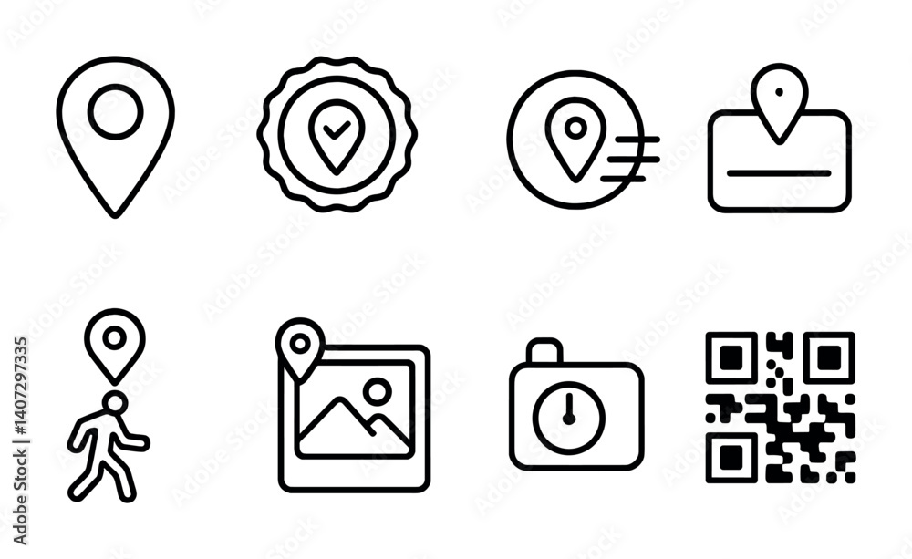 outline vector icons of check-in features: check-in pin, visited badge ...