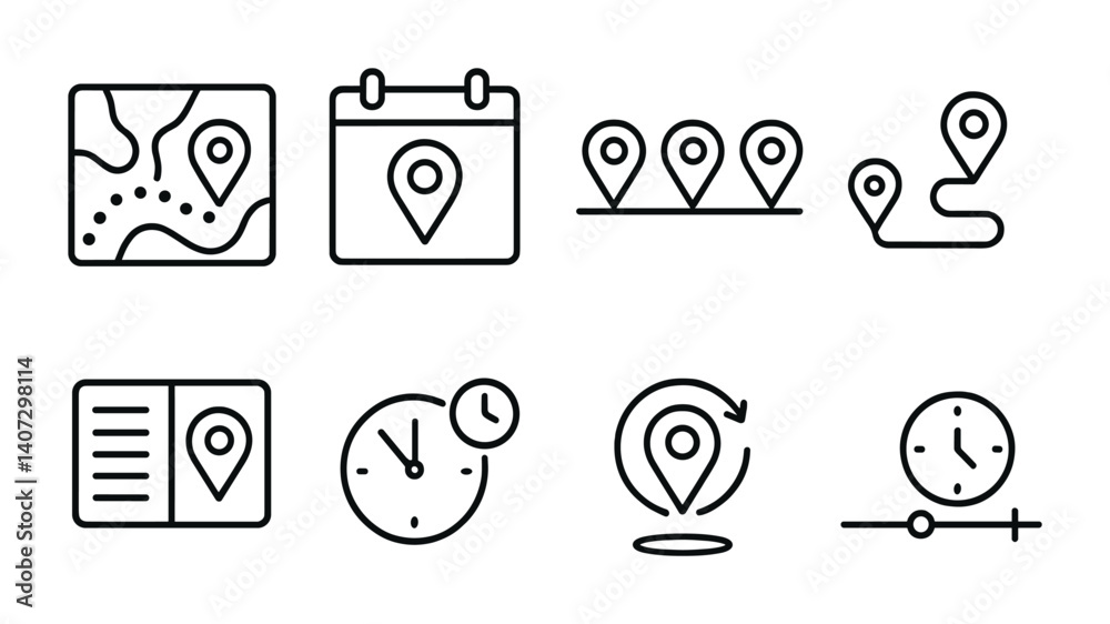 outline vector icons of location history: timeline map, location ...