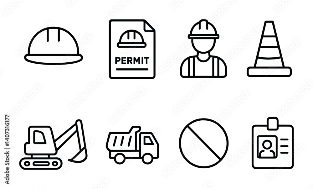 outline vector icons of construction site parking: helmet icon, site ...