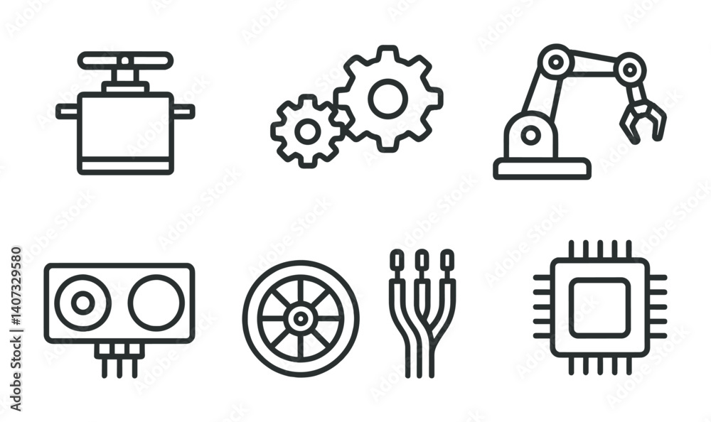 outline vector icons of robotics gear: servo motor, gear mechanism ...