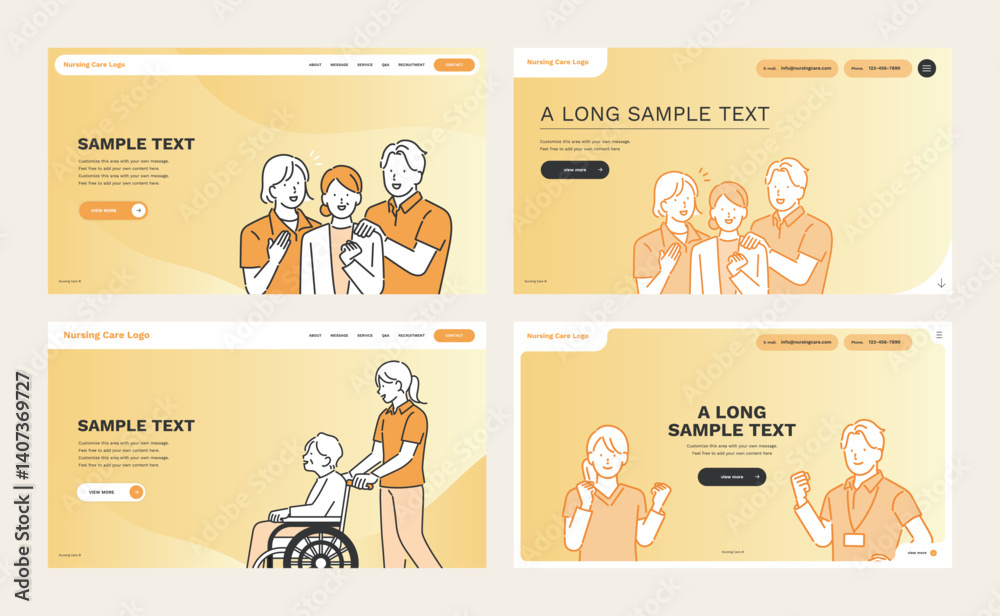 Elderly Care Website Hero Section Design Set with Illustrations ...