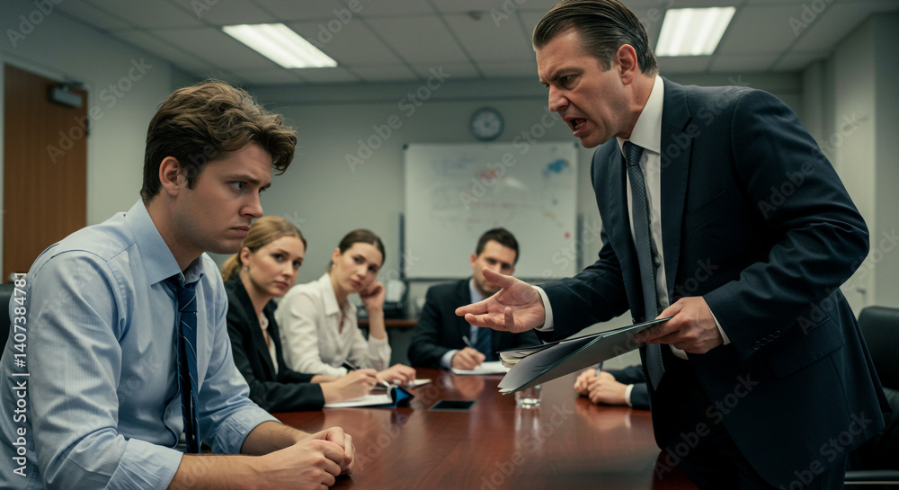 Tense boardroom meeting Angry boss yelling at employee causing stress ...