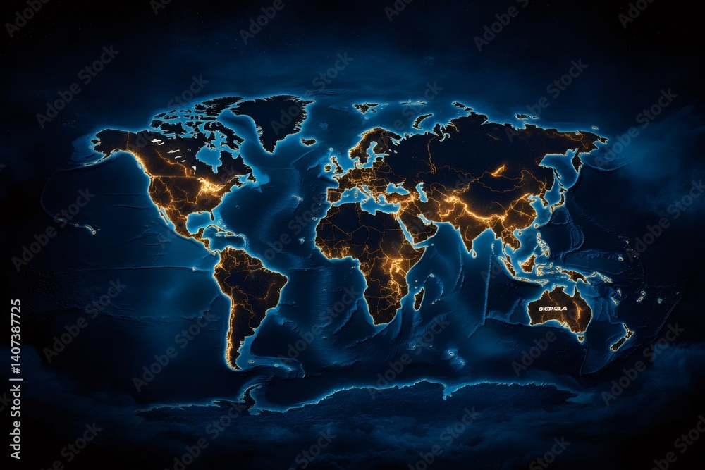 World map showing main roads and highways lighting up continents at ...
