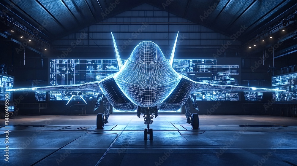 Holographic projection of a cutting-edge fighter jet undergoing a simulated maintenance check in ...