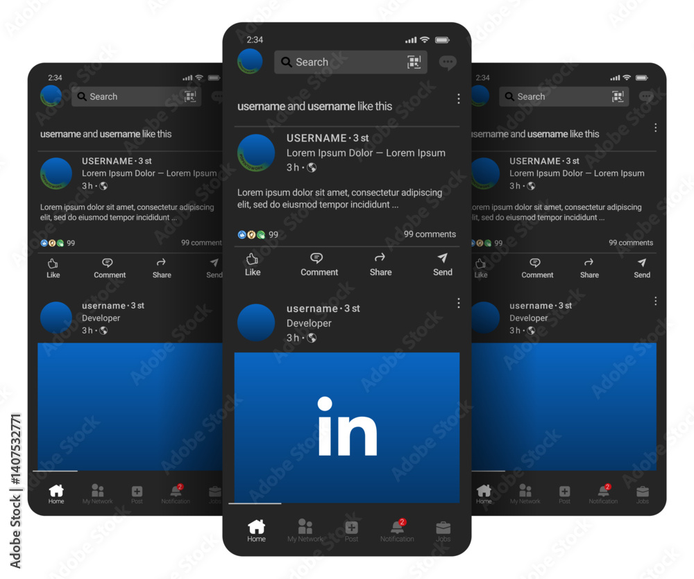 LinkedIn UI mockup template - Dark Mode. LinkedIn profile, job feed, and post layout in sleek ...